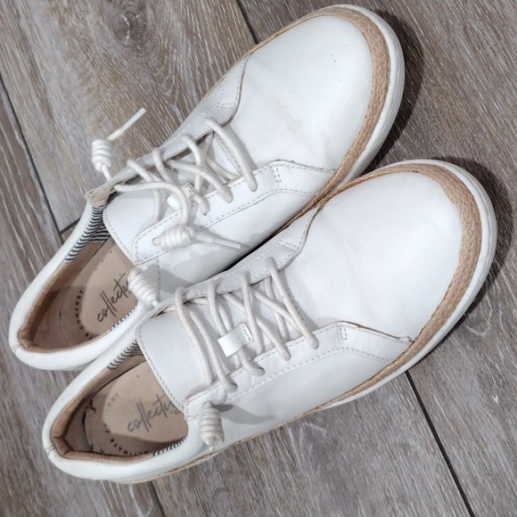 Clarks | Shoes | Clarks White Leather And Hemp Trimmed Sneakers Size ...